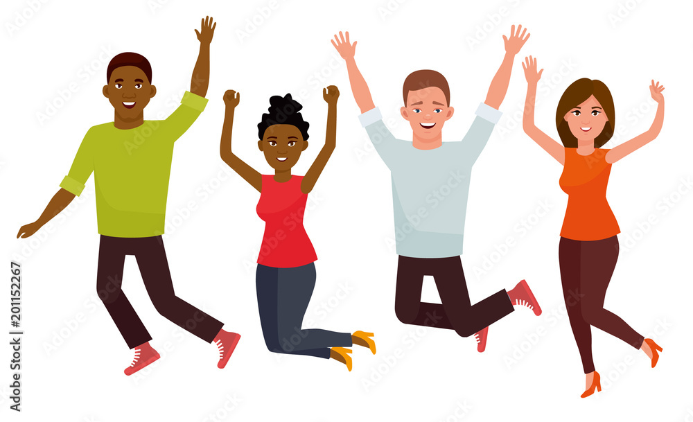 Young student group jumping people isolated in a white background ...
