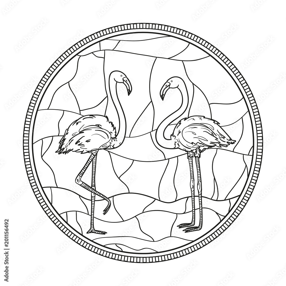 Circle mandala. Flamingo. Landscape. Hand drawn birds on isolated ...