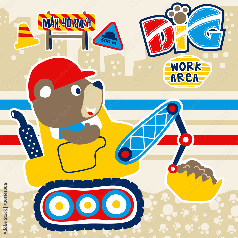animal worker cartoon driving a construction equipment vehicle, vector ...