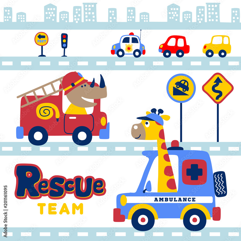 animals rescue team in the city with vehicles, vector cartoon ...