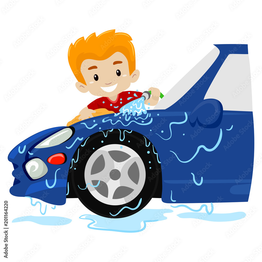 Vector Illustration of a Boy washing the Car Stock Vector | Adobe Stock