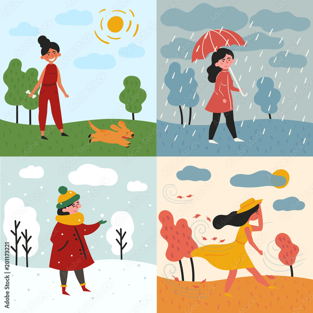 A girl in all four seasons and weather. Windy for autumn, snowy winter ...