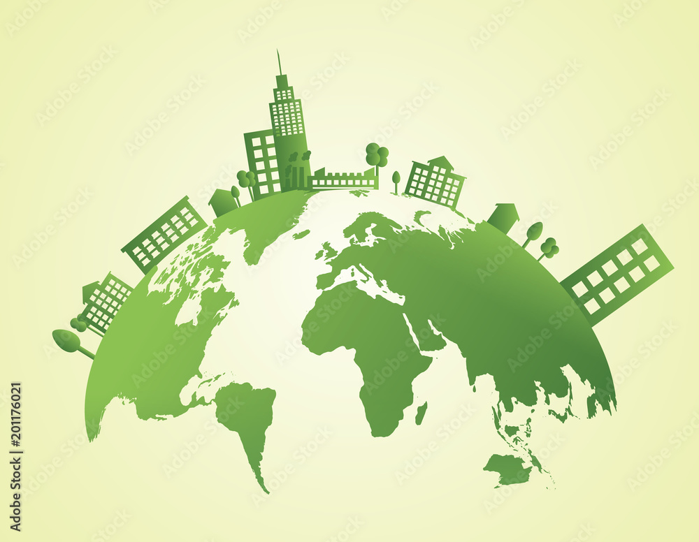 Green city on earth. Ecology green planet and green energy Stock Vector ...