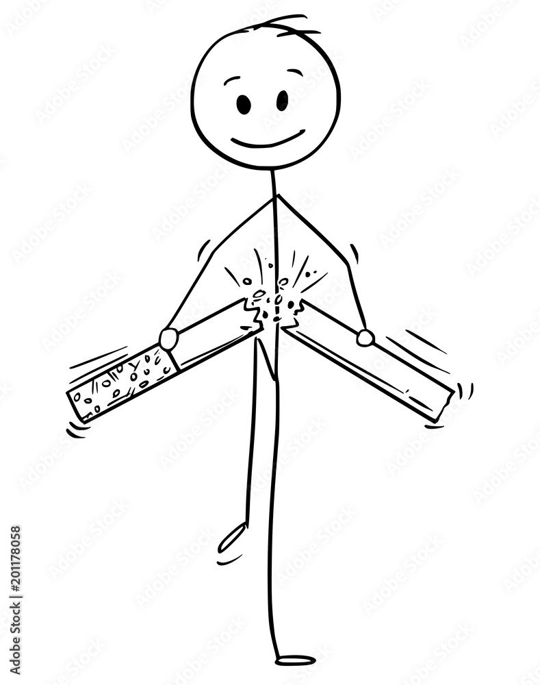 Cartoon stick man drawing conceptual illustration of man broking ...