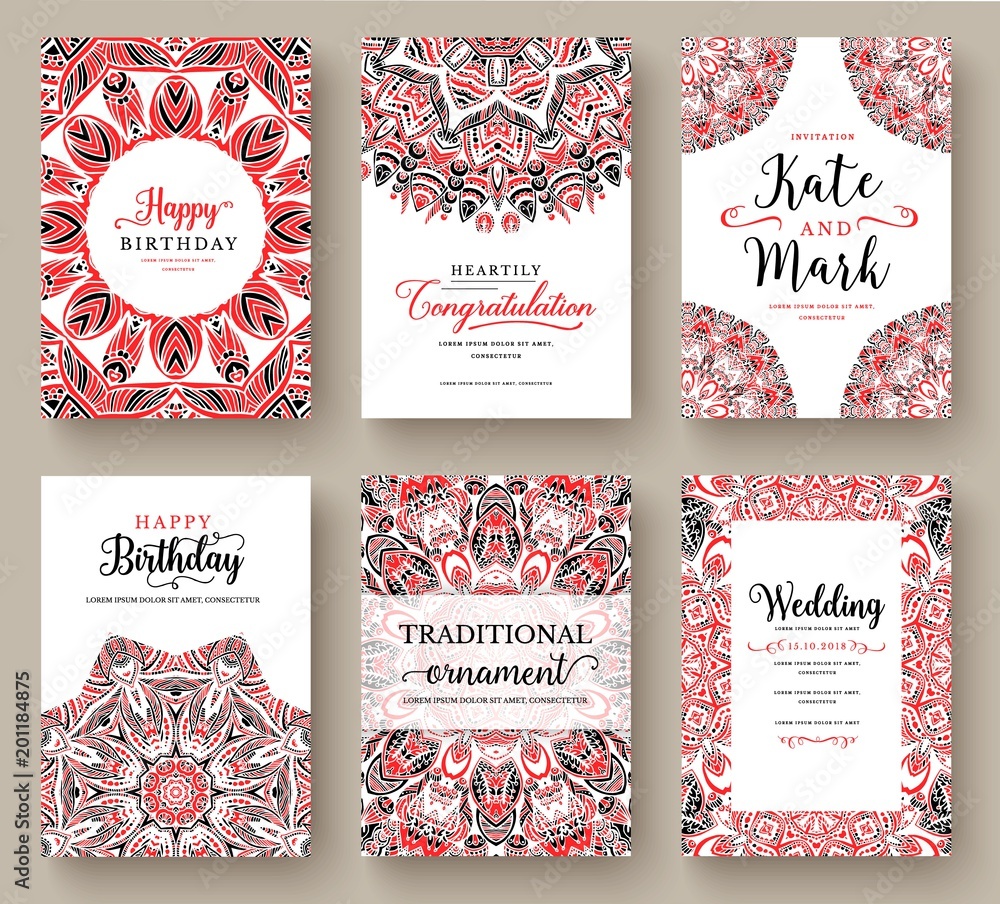 Set of traditional flyer pages ornament illustrations. Vintage art ...