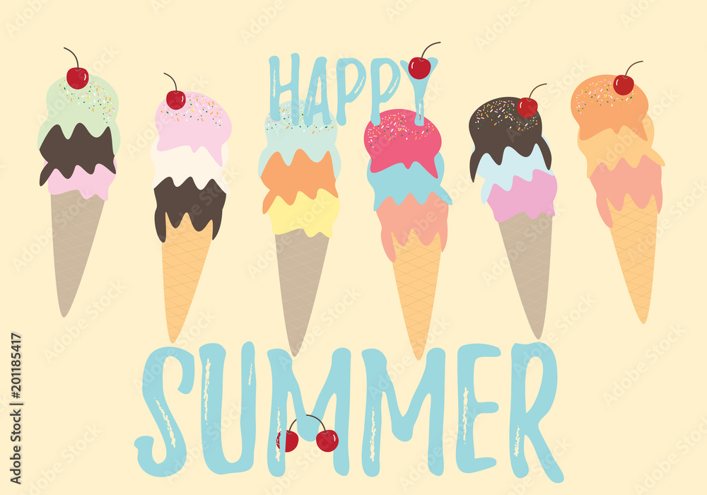Ice cream happy summer vector card template in pastel colors on a soft ...