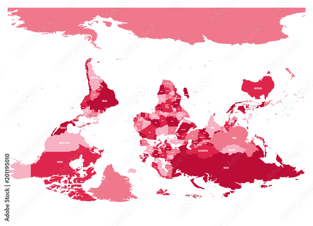 Vetor de Reversed or upside down political map of World. South-up ...
