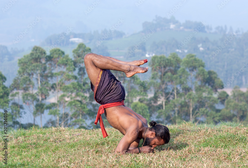 Indian man doing yoga exercises on green grass in Kerala, South India ...