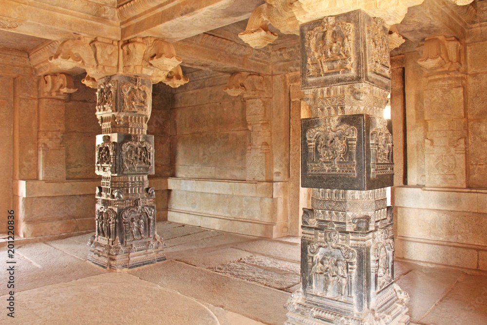 Decorative pillars from black basalt in mandappa or Hall. Hazara Rama ...