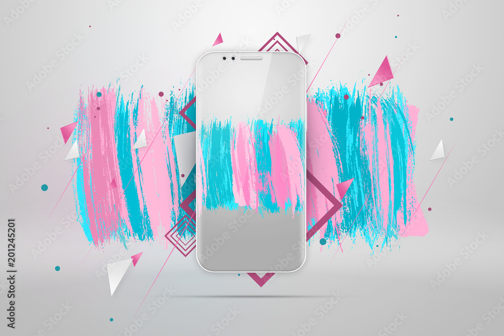 Realistic illustration with a picture of a smartphone on a light ...