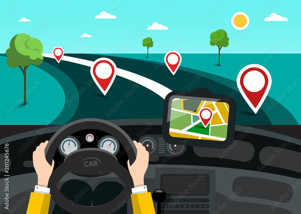 Road Map with Hands on Steering Wheel and Pins on the Road. Vector GPS ...