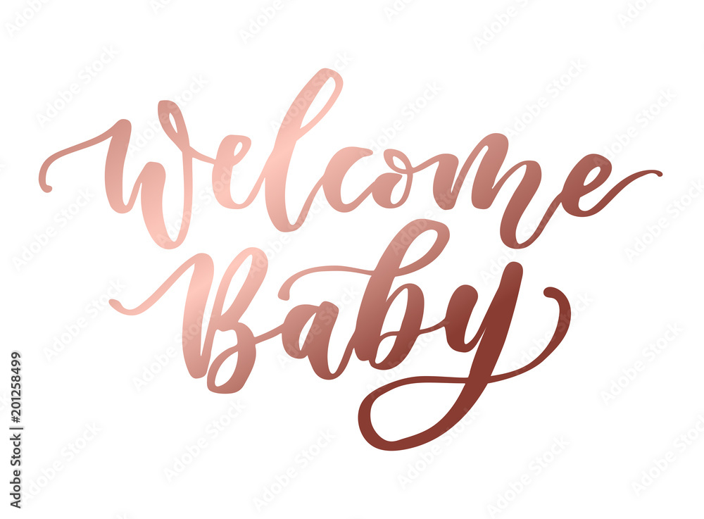 Vecteur Stock Welcome baby rose gold lettering inscription. Baby shower ...