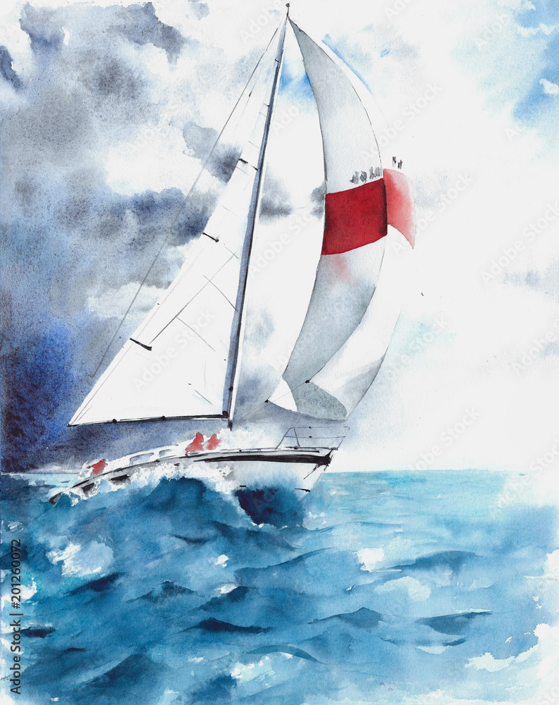 Seascape sail yacht boat waves storm weather watercolor painting ...