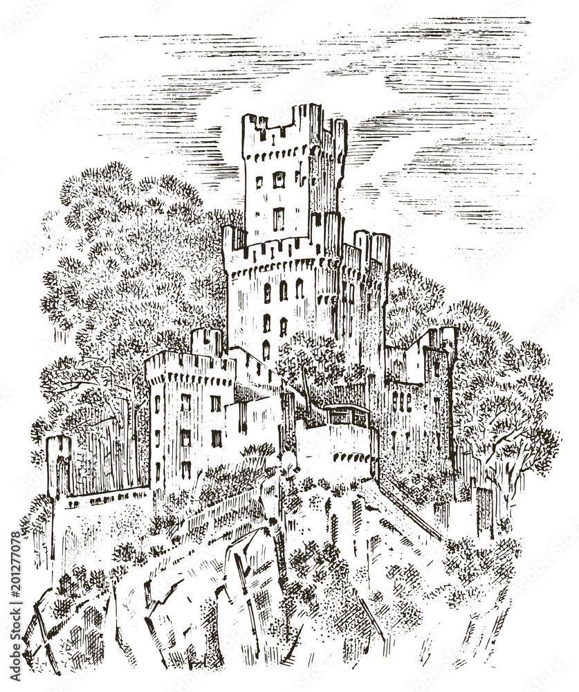 Castle on a hill. Ancient Landscape for the label. Engraved Hand drawn ...