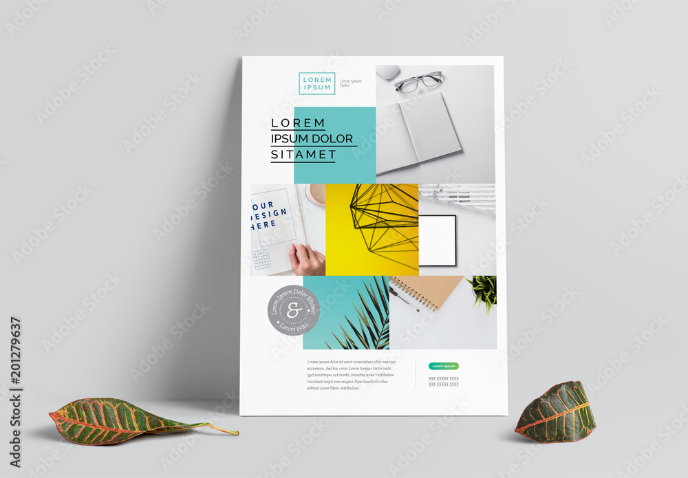 Flyer Layout with Blue and Yellow Overlays Stock Template | Adobe Stock