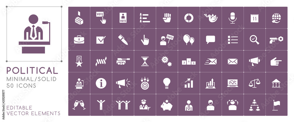 Set of 50 Universal Solid Political Icons on Color Background ...