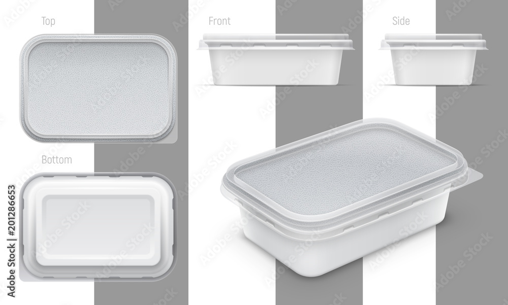 Vector rectangular plastic container with foil and transparent lid. Set ...
