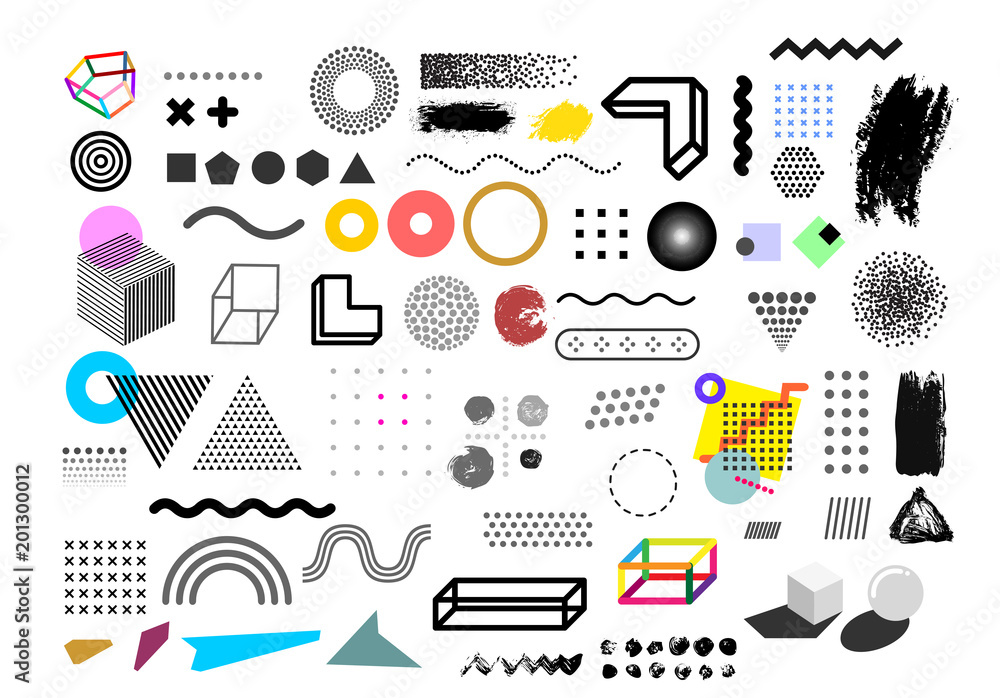 Set of universal trend halftone geometric shapes juxtaposed with bright ...