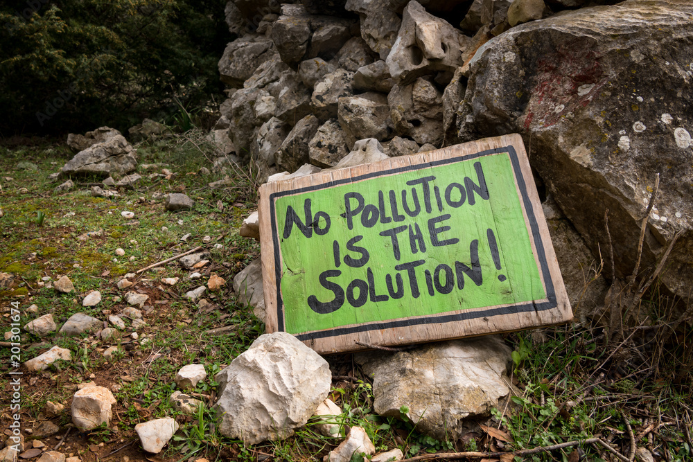 Green handwritten sign lying on the ground saying No pollution is the ...