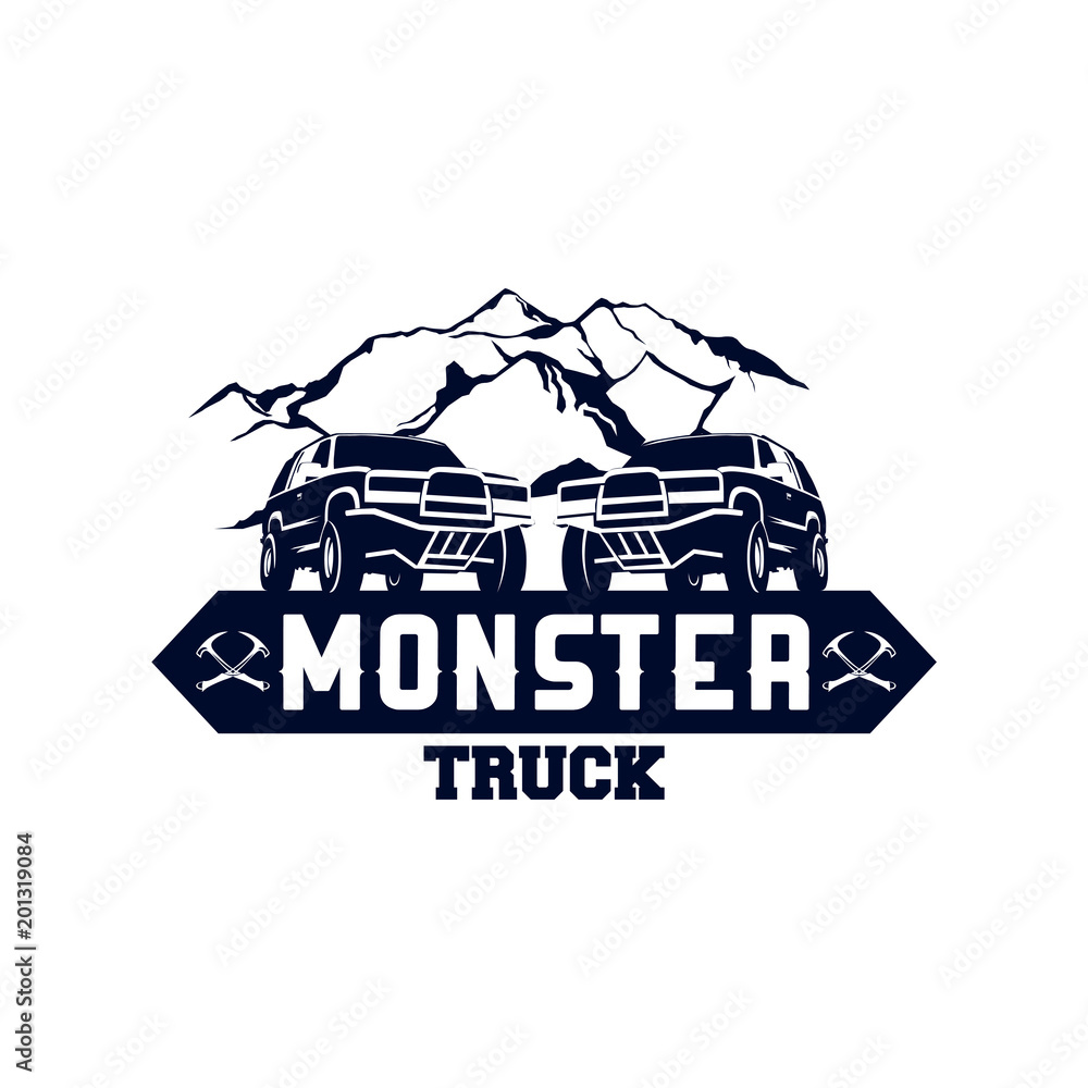 Monster Truck Logo Badge, Off Road Car Logo with Mountain Symbol Stock ...