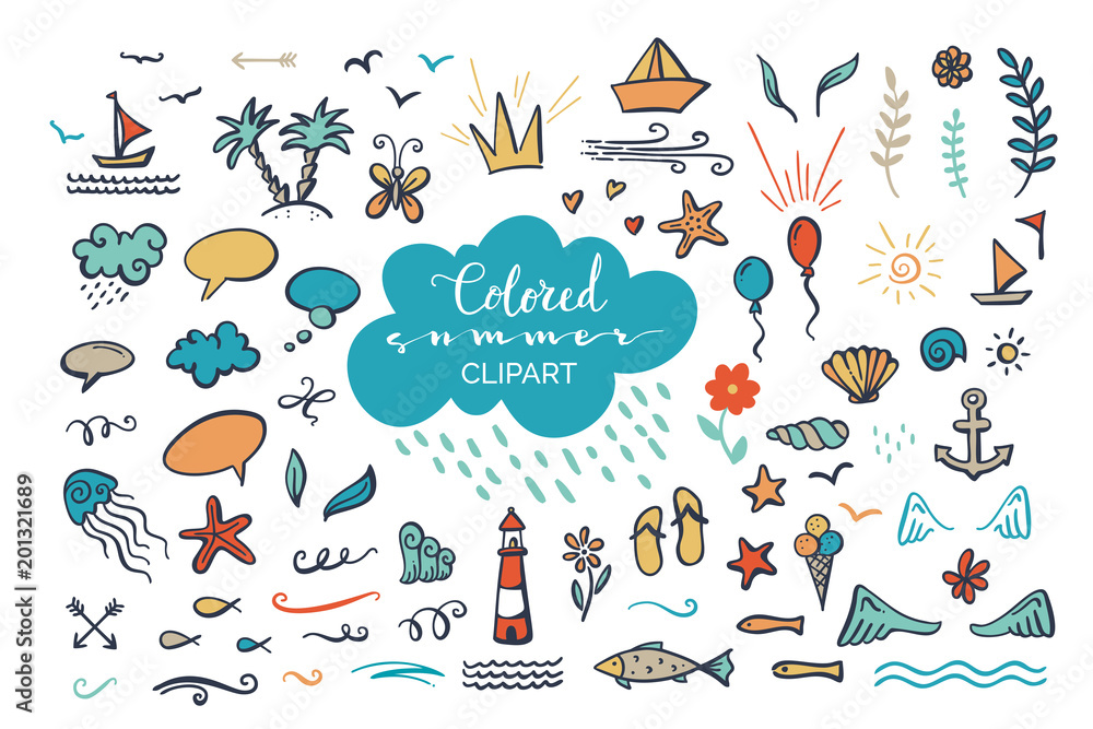 Vector hand-drawn colored clipart on sea / ocean / summer theme. Stock ...