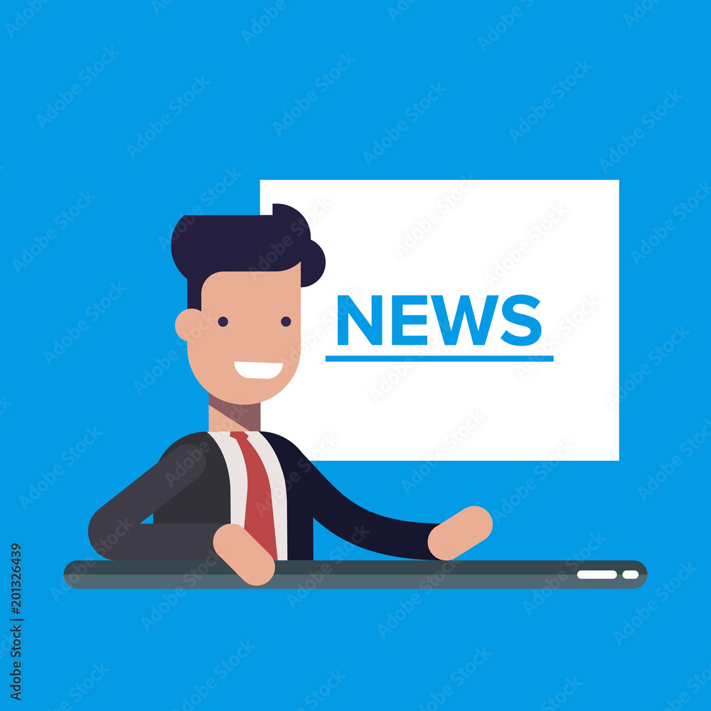 Television news announcer on background TV breaking news. Flat vector ...