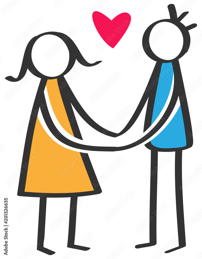 Simple colorful stick figures happy couple, man, woman holding both ...