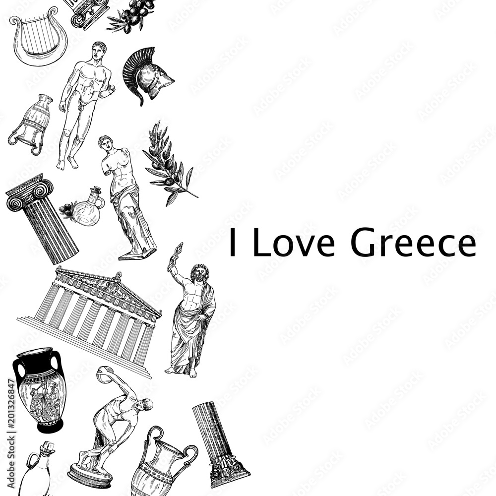 Hand drawn sketch style Greek themed objects isolated on white ...