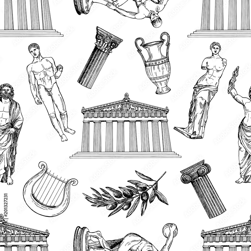 Seamless pattern of hand drawn sketch style Greek themed objects ...