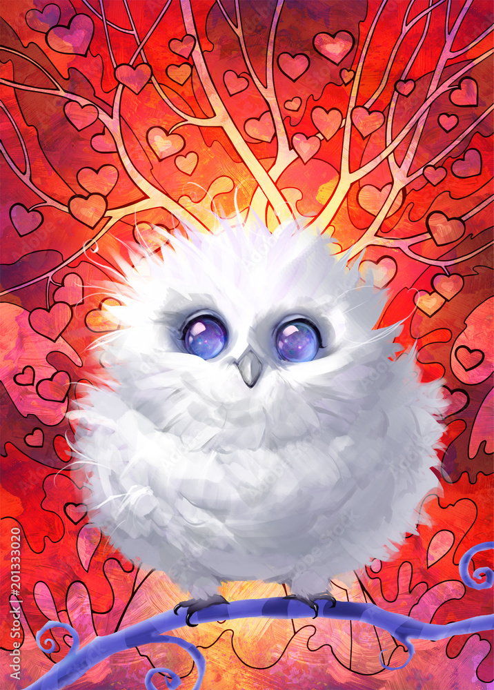 Digital raster cartoon illustration of a funny fluffy white owl with ...
