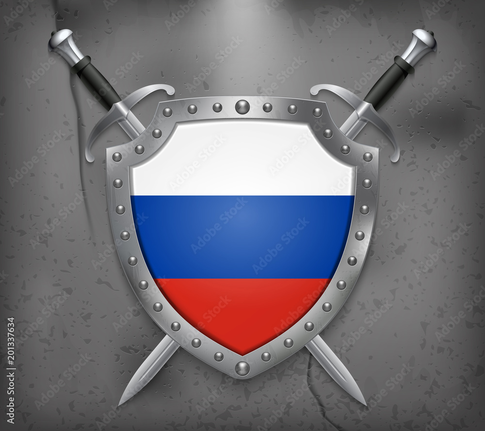 Flag of Russia. The Shield with National Flag. Two Crossed Swords ...