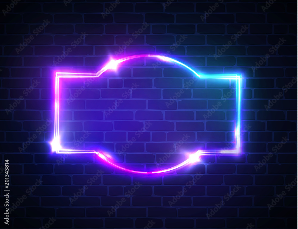 Night club neon sign on brick wall background. Blank 3d retro frame ...