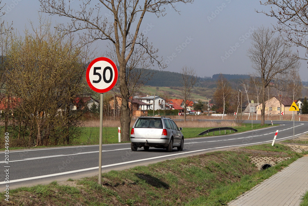 Limiting the speed of traffic to 50 km/h. Road sign on the highway ...