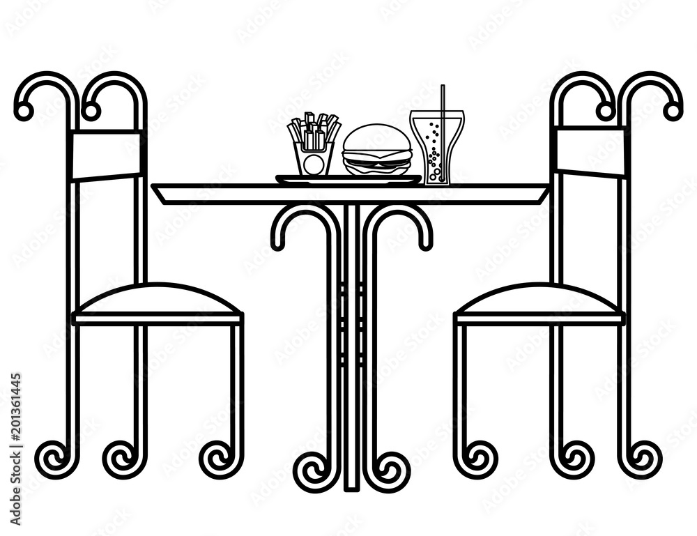 vintage restaurant table fast food and chairs vector illustration ...