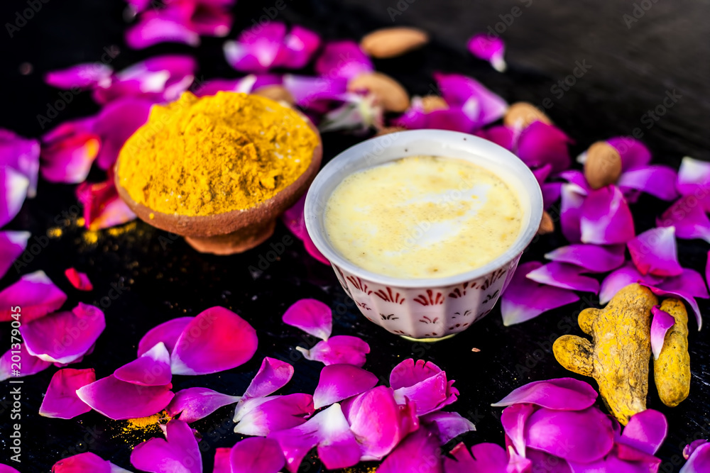 Badam, Haldi & milk ubtan or ayurvedic face mask’s ingredients with ...