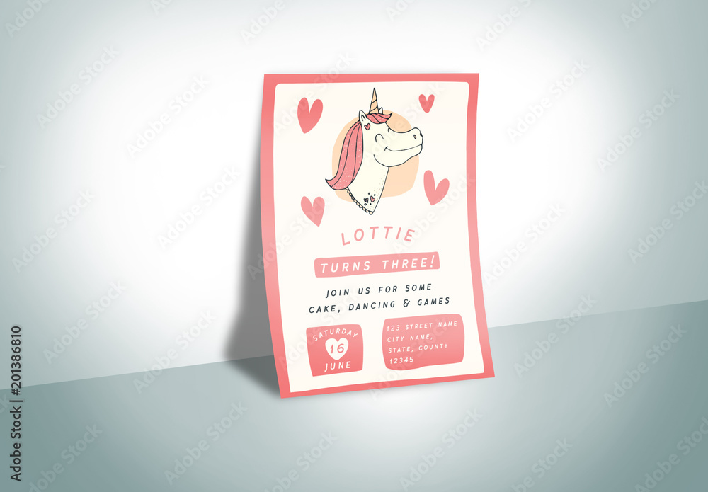 Party Invitation Flyer Layout with Unicorn Illustration Stock Template ...