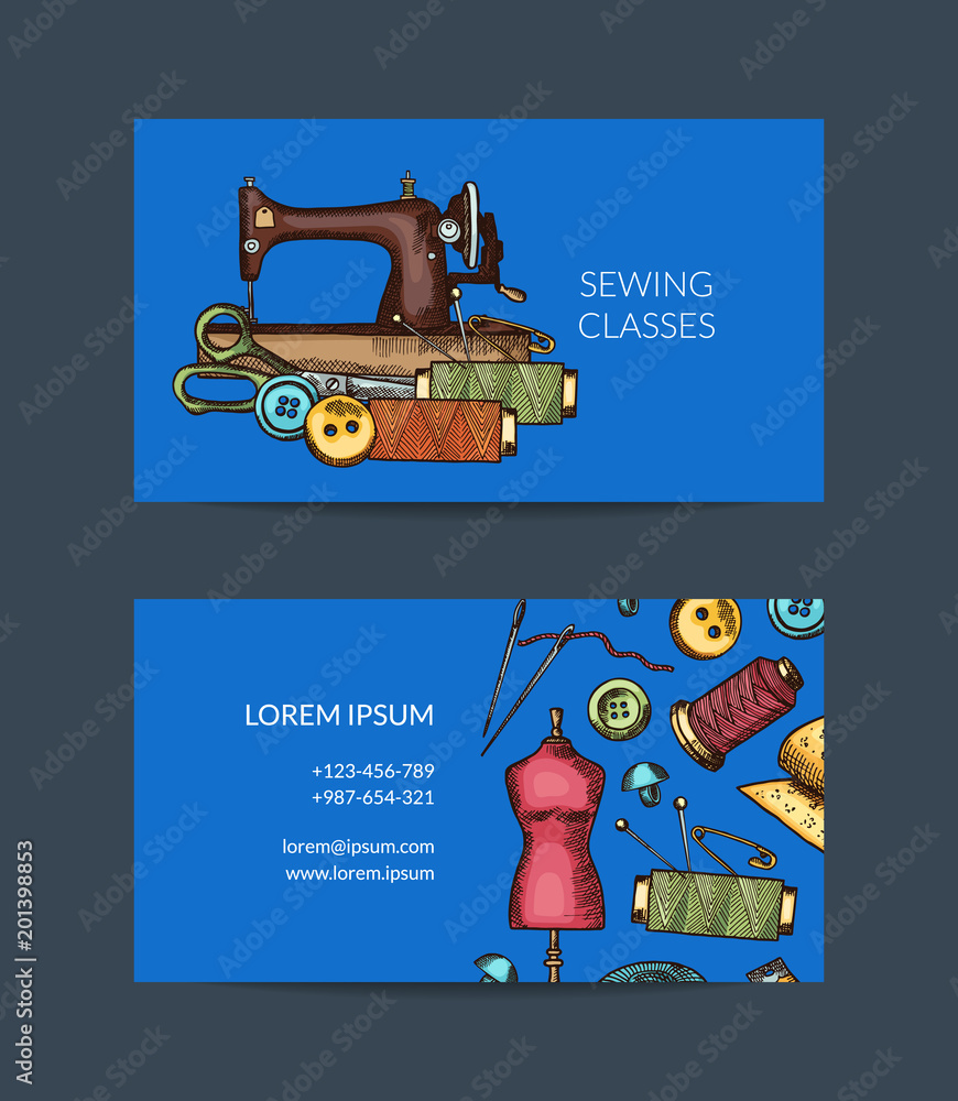 Vector hand drawn sewing elements card template for atelier Stock ...