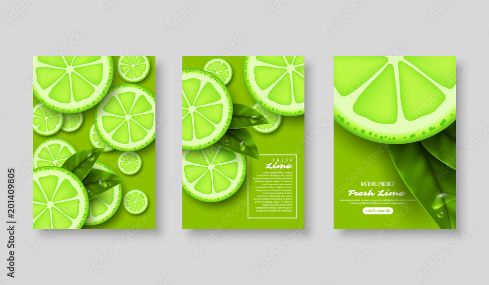 Lime poster set. Sliced pieces with leaves and water drop. Fruit ...