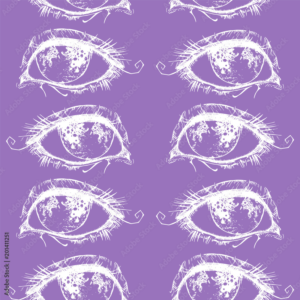 Seamless texture with graphic eye with moon instead of iris. Repeating ...