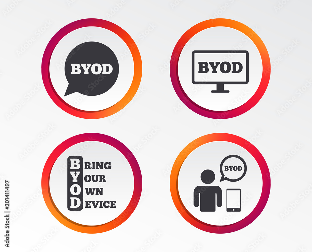 BYOD icons. Human with notebook and smartphone signs. Speech bubble ...