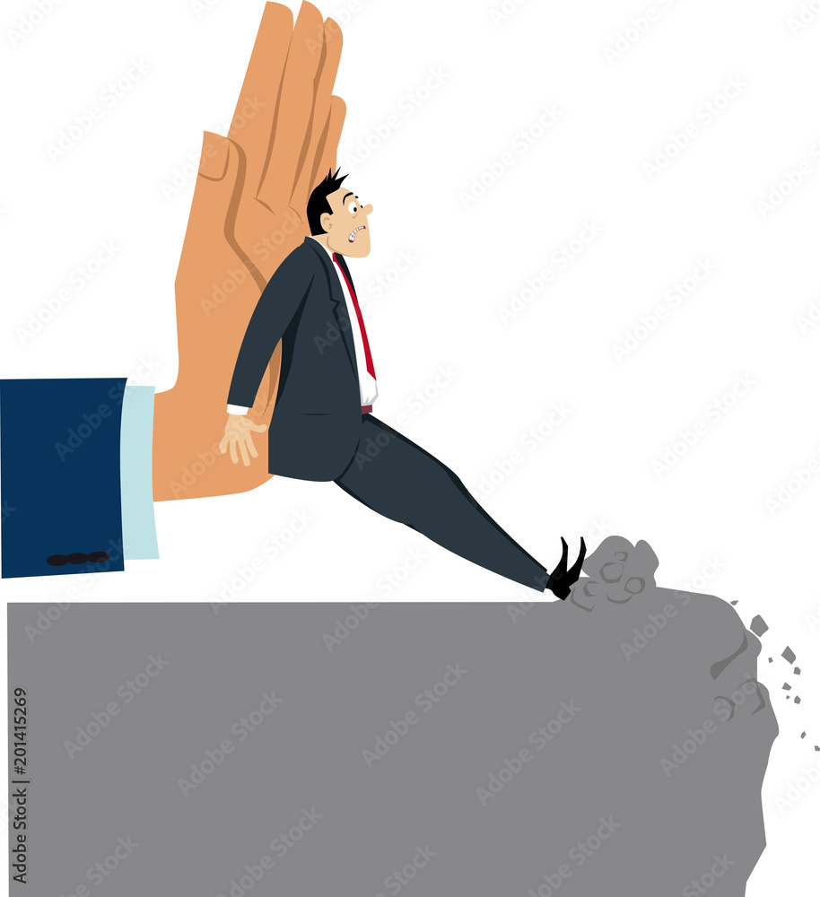Giant hand pushing a resisting man towards an abyss, EPS 8 vector ...