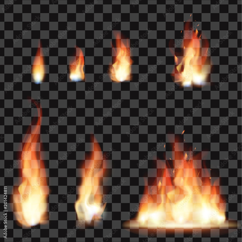 Set of bright realistic fire with transparency isolated on checkered ...