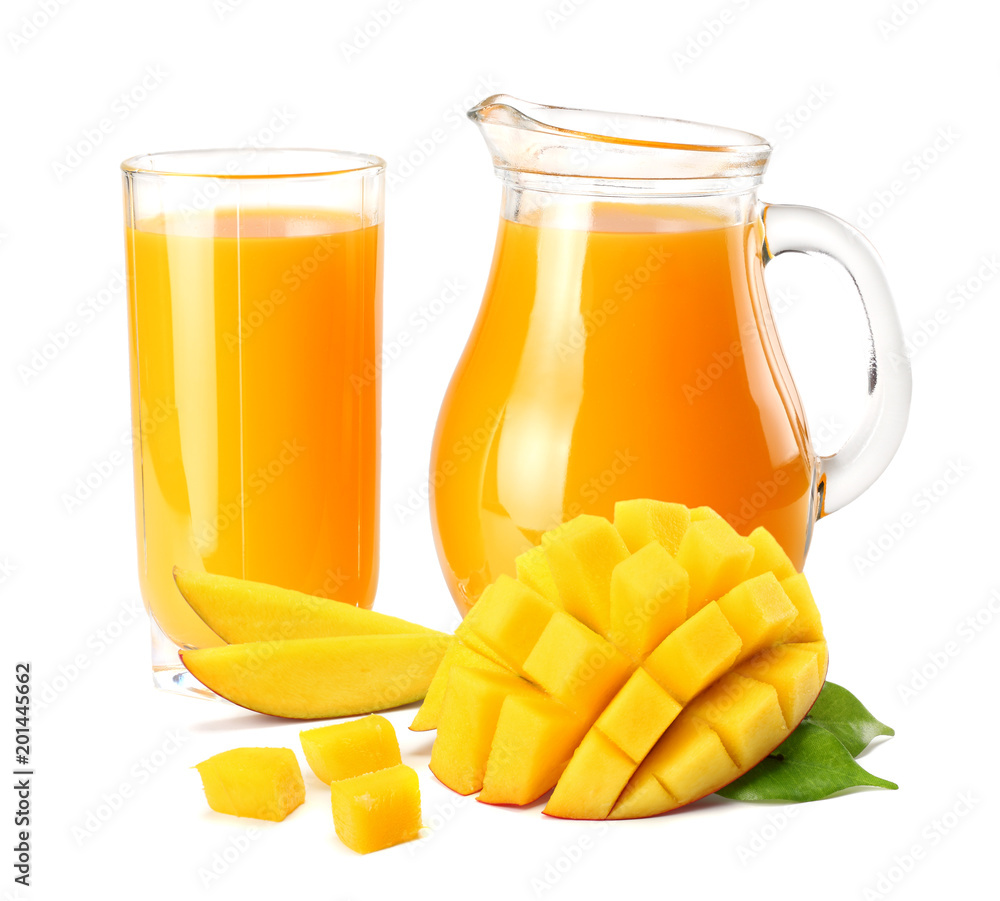 mango juice with mango slice isolated on white background. jug of mango ...