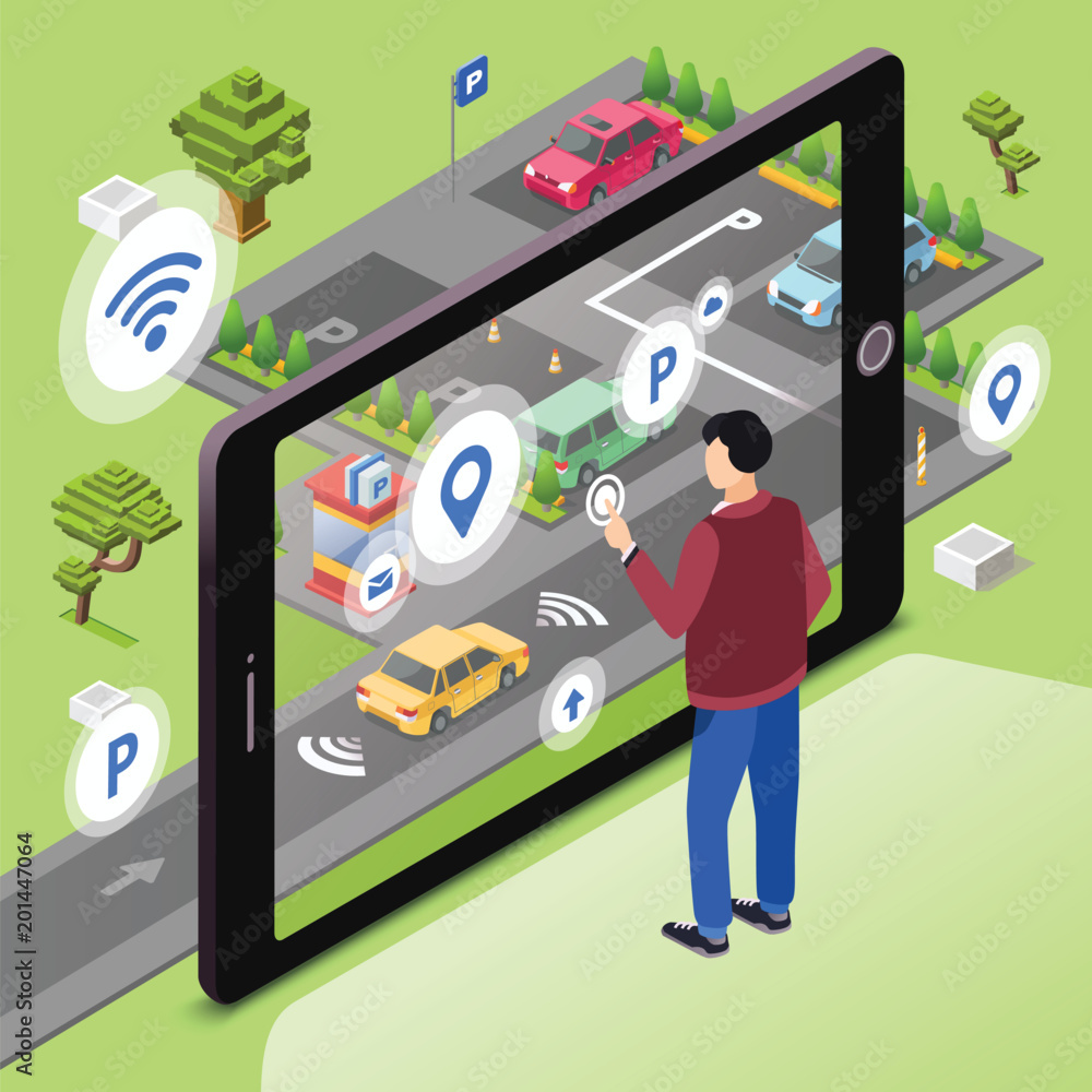 Smart parking vector illustration. Man user with smartphone touch ...