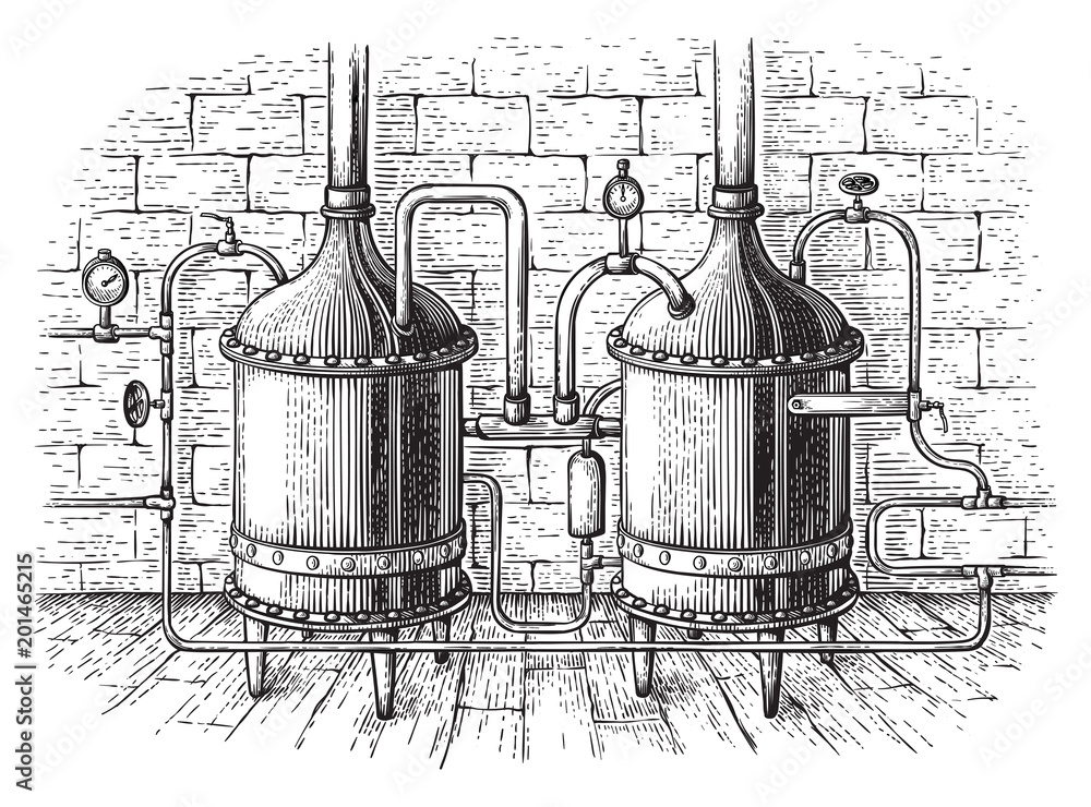 Vintage distillation apparatus sketch. Moonshining vector illustration ...