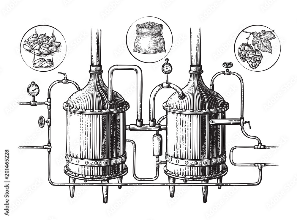 Vintage distillation apparatus sketch. Moonshining vector illustration ...