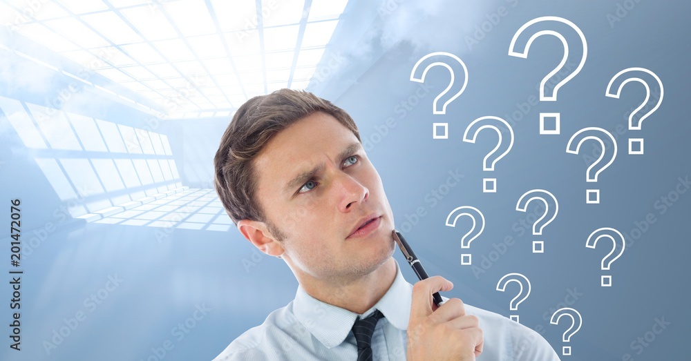 Man thinking with question marks Stock Photo | Adobe Stock