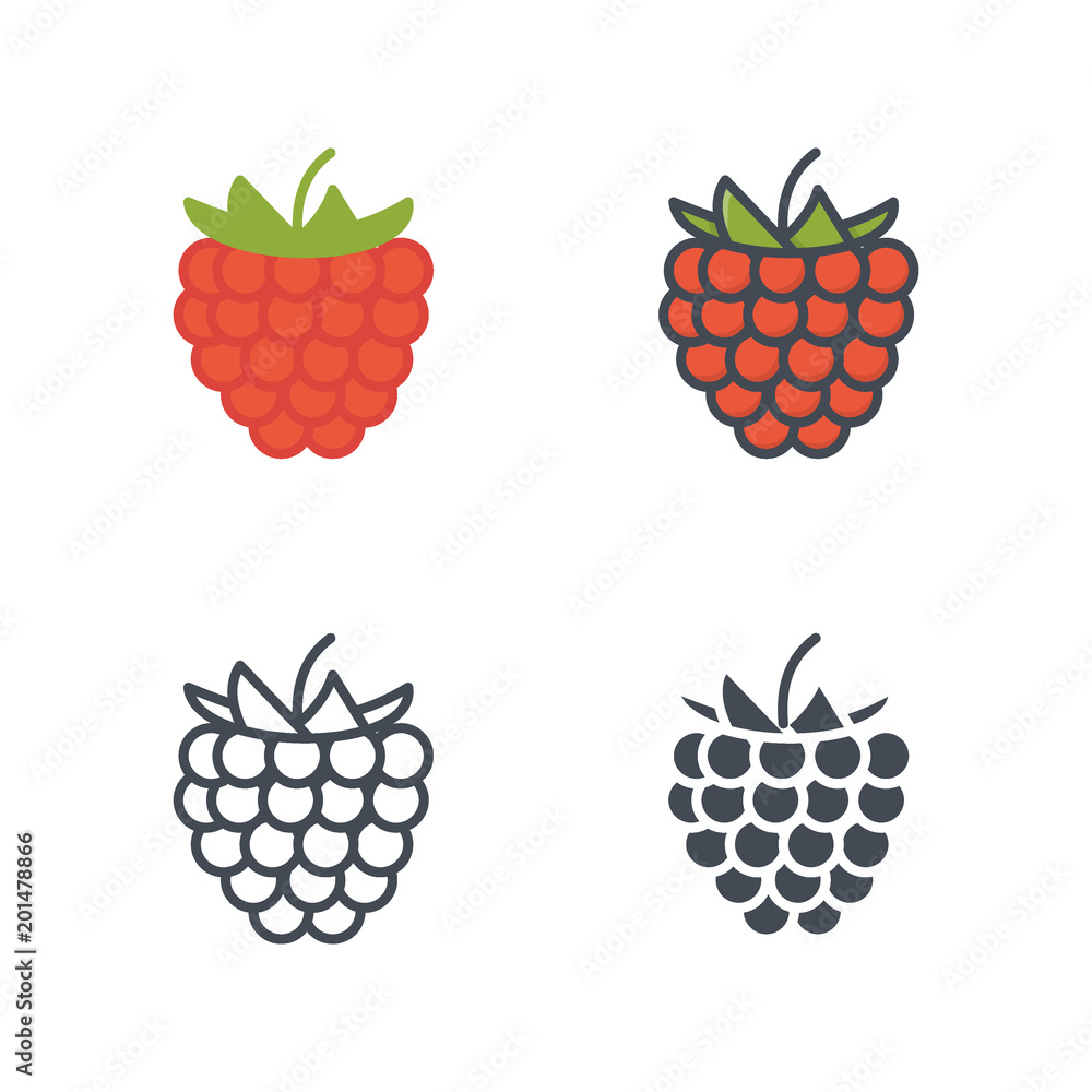 Raspberry fruit food icon vector flat silhouette line colored Stock ...