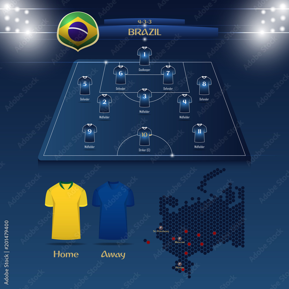 Team Brazil soccer jersey or football kit with match formation tactic ...