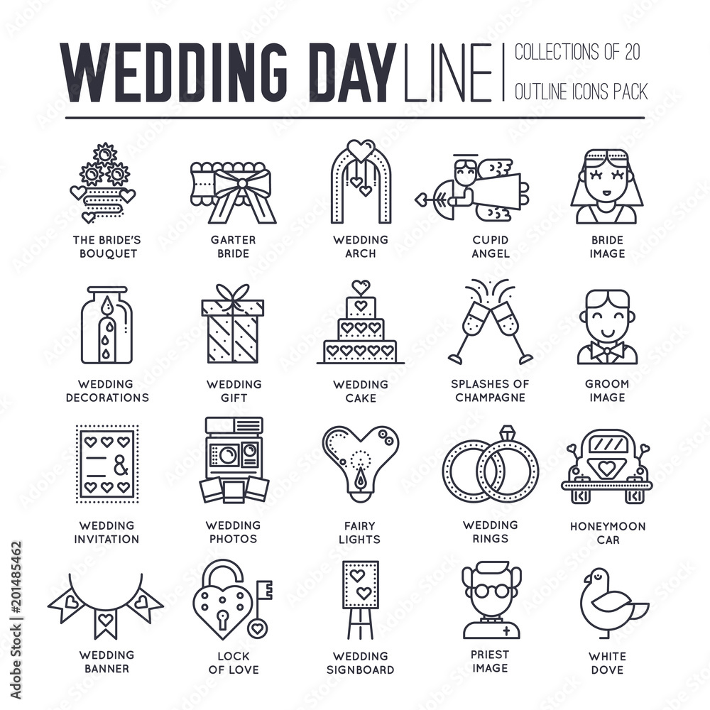 Flat wedding illustration thin line icon set. Vector happy marriage ...